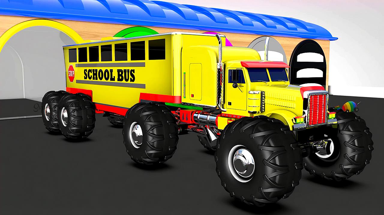 学习颜色与巨型卡车运载街道车辆动画