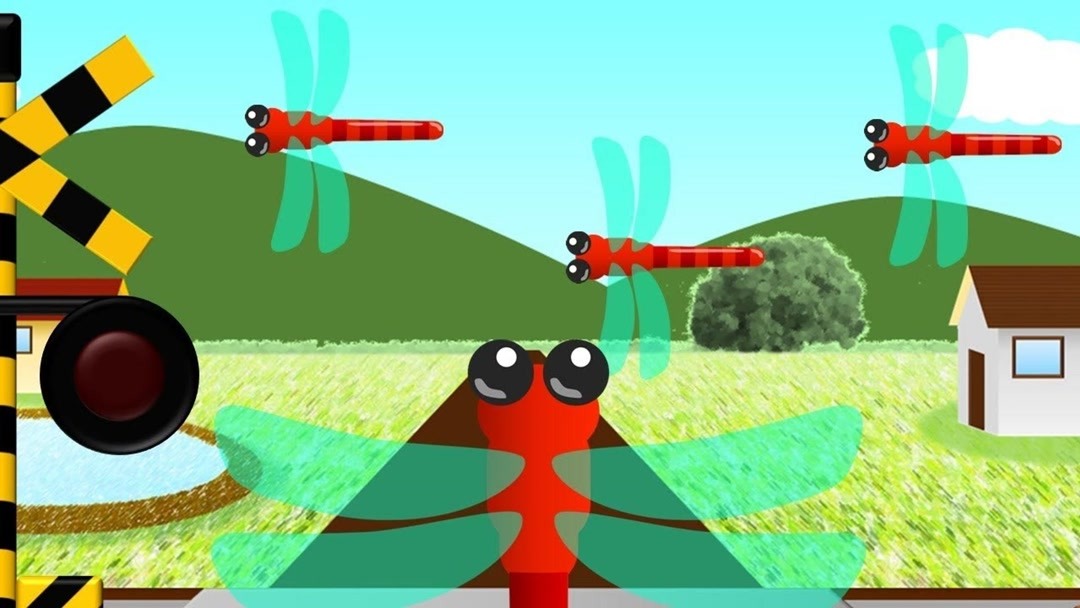 铁道口动画:儿童小火车动画,铁轨路上有很多蜻蜓!