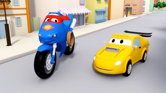 超级卡车:卡尔变身超级摩托车在巷子里追捕捣蛋赛车泰勒