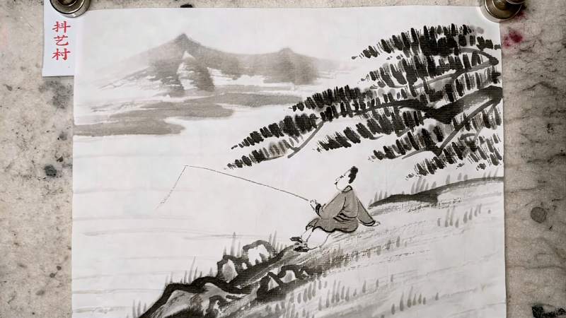 简单国画山水画教程,松溪垂钓图