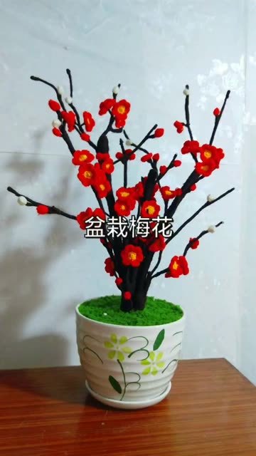 手工钩针编织毛线花教程 盆栽梅花
