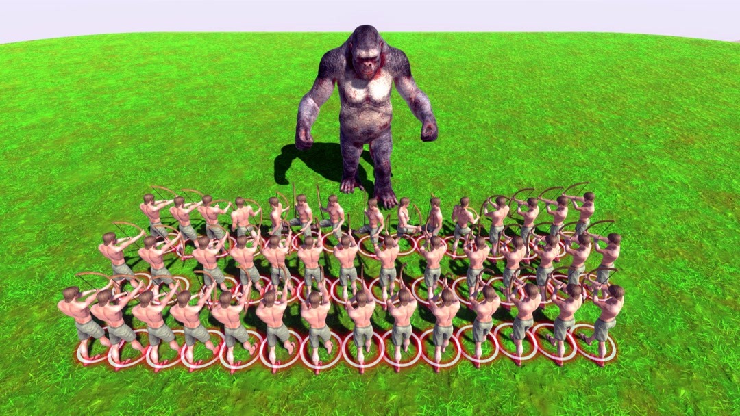 动物战争模拟:五郎巨人VS古代弓箭手 霸王龙之后金刚又被虐惨