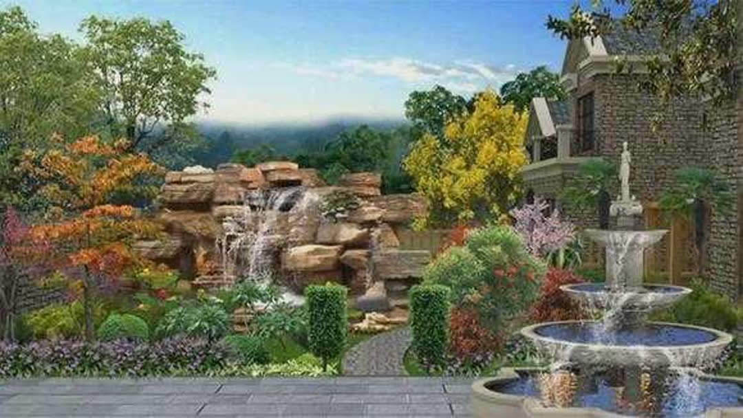 假山景观设计案例效果图 自然 花园 绿色 公园 岩石 花卉 园艺