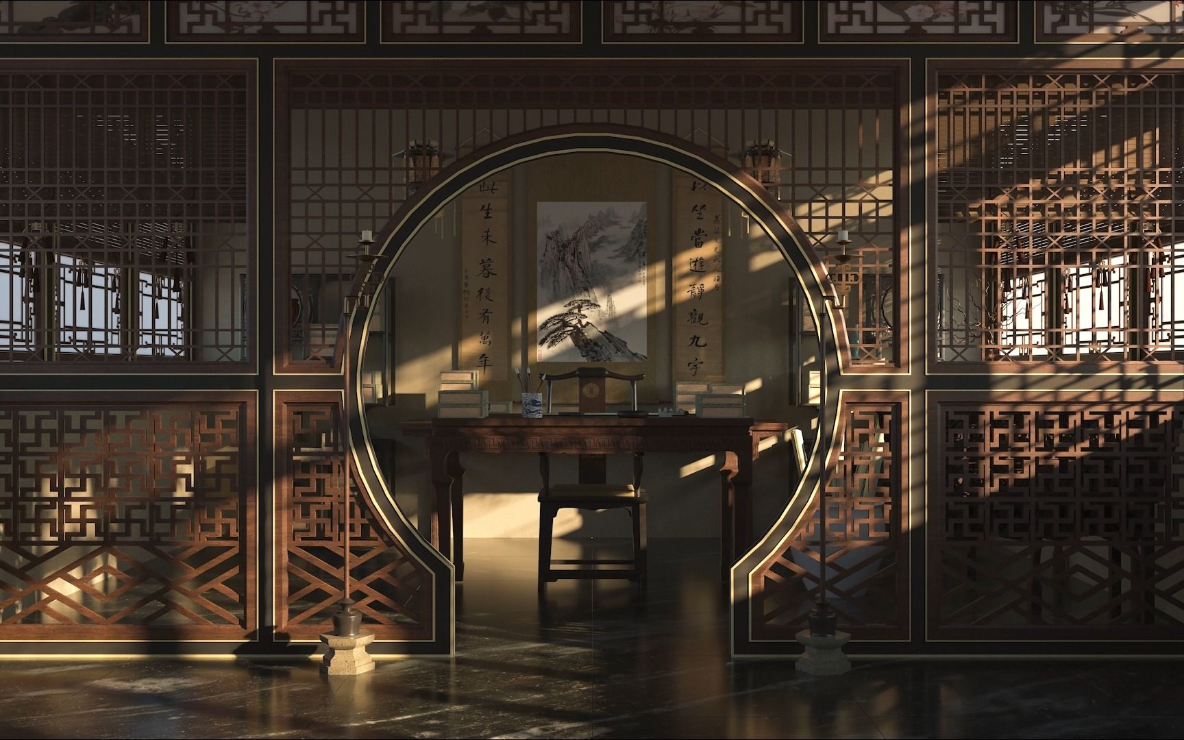 中国古代宫廷风格建筑模型展示 室内书房特写