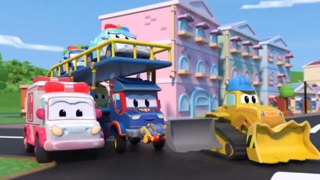 小汽车动画:变形卡车和推土机一起清理路面障碍物