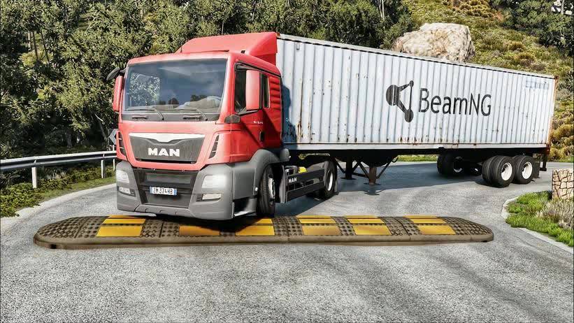 多种往工地送货的卡车依次过弯道减速带,驾驶员测试悬挂,BeamNG