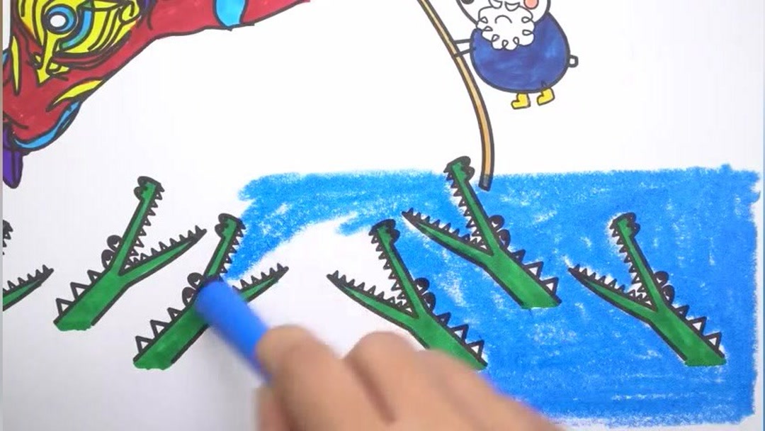 小猪佩奇兔爷爷在湖边遇到鳄鱼,捷德奥特曼赶紧来救援简笔画