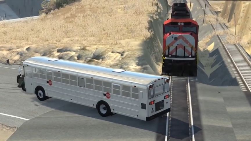 BeamNG:铁路道口事故,动力火车vs大巴车,拟真车祸模拟