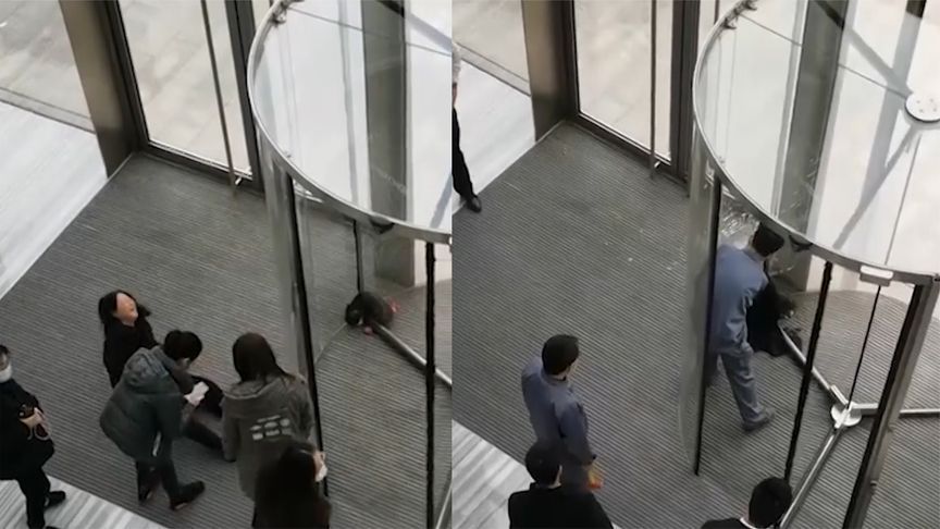 宠物狗未拴绳进商场被旋转门死死卡住,女主人倒地嘶喊求拆门救狗
