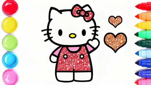 儿童益智亲子画画如何画可爱的凯蒂猫,涂上闪亮颜色