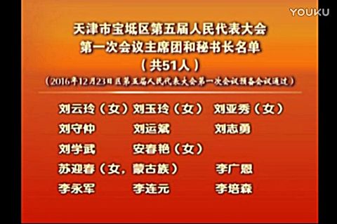 天津市宝坻区第五届人民代表大会第一次会议主席团和秘书长名单