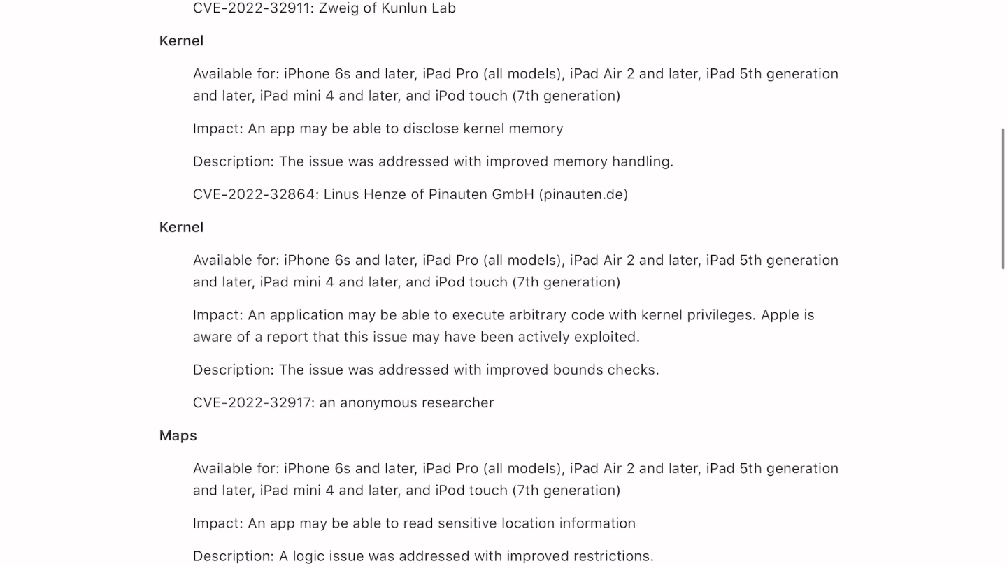 iPadOS 和iOS15.7 修复了11个高危漏洞,速速更新!