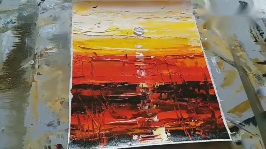 快速学会画一幅刀画夕阳油画真的超简单