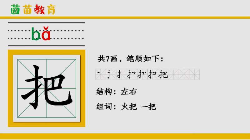 64、一年级上册写字表生字卡片:把(带田字格书写演示)
