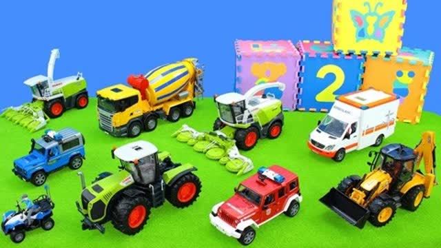 儿童卡通动画:警车、消防车、水泥搅拌车、救护车、挖掘机