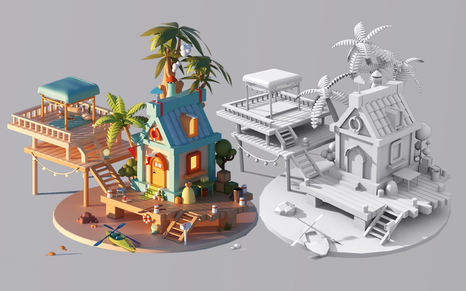 【3DMAX建模】卡通小场景模型制作,适合新手练习的场景案例