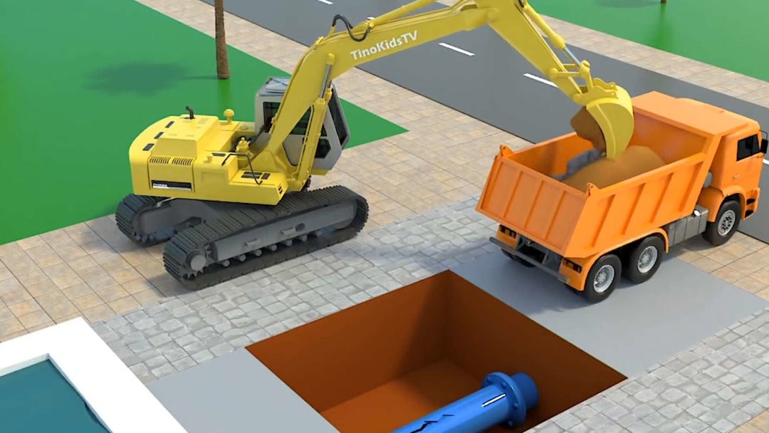 挖掘机动画TV 第33集 挖掘机路面施工 安装水管