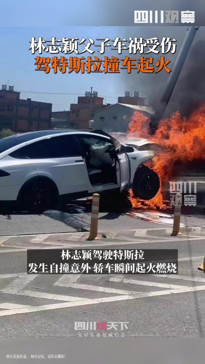 台媒报道:7月22日,中国台湾桃园市#林志颖父子驾驶特斯拉撞车起火