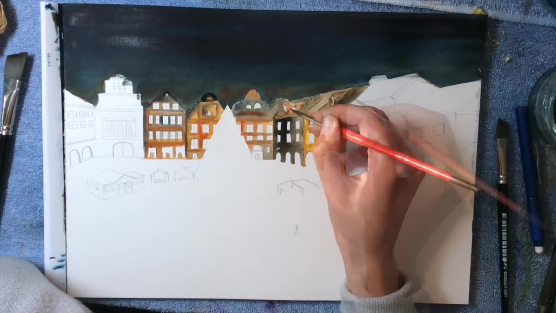 水彩加水粉画出雪夜中的圣诞树