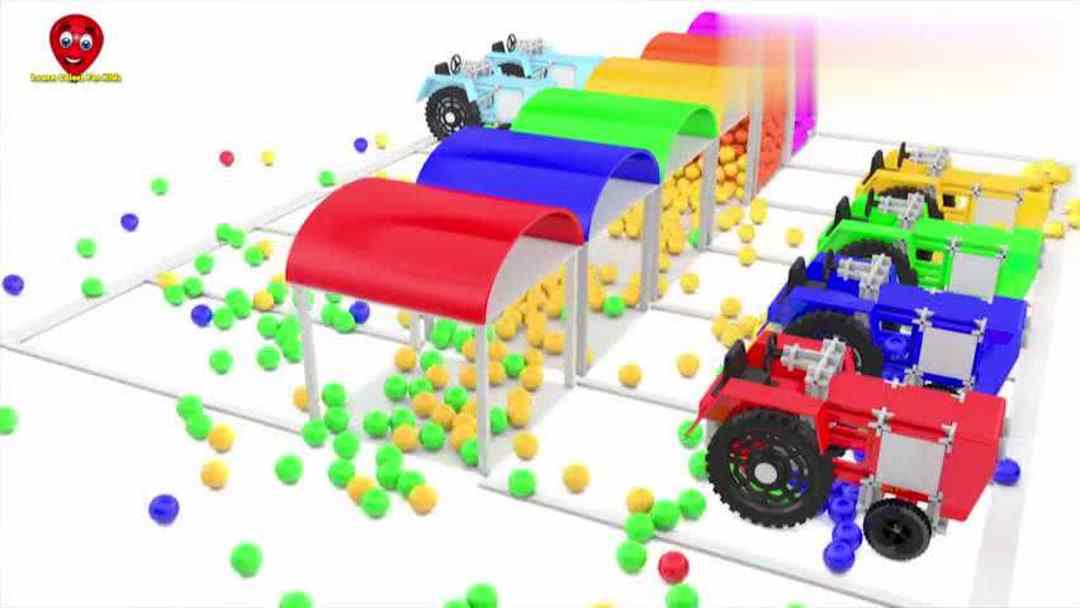 亲子早教益智3D动漫多功能农用拖拉机穿过大理石球堆学习颜色