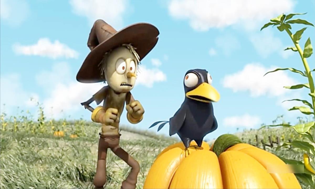 乌鸦肆意地偷吃粮食,稻草人怎么都赶不走它,到最后我忍不住笑了