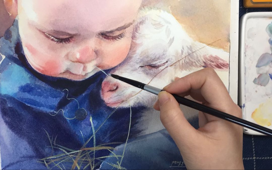 【水彩作画】-孩童与羔羊,作画过程实录+语音讲解