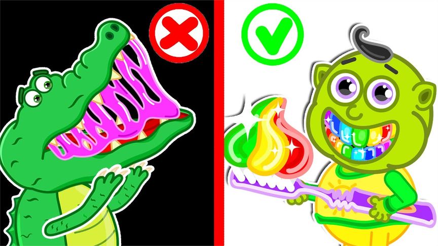 卡通动画:小怪物刷牙和大鳄鱼刷牙,哪个正确?
