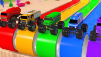 幼儿颜色和数字启蒙动画:消防车 卡车 校车 环保车滑彩虹滑道