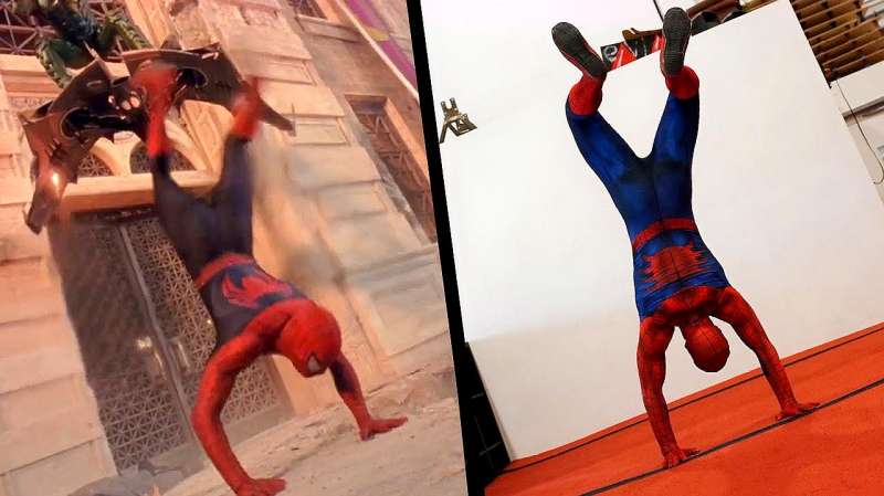 蜘蛛侠:现实生活中蜘蛛侠模仿电影中的蜘蛛侠,精典动作!