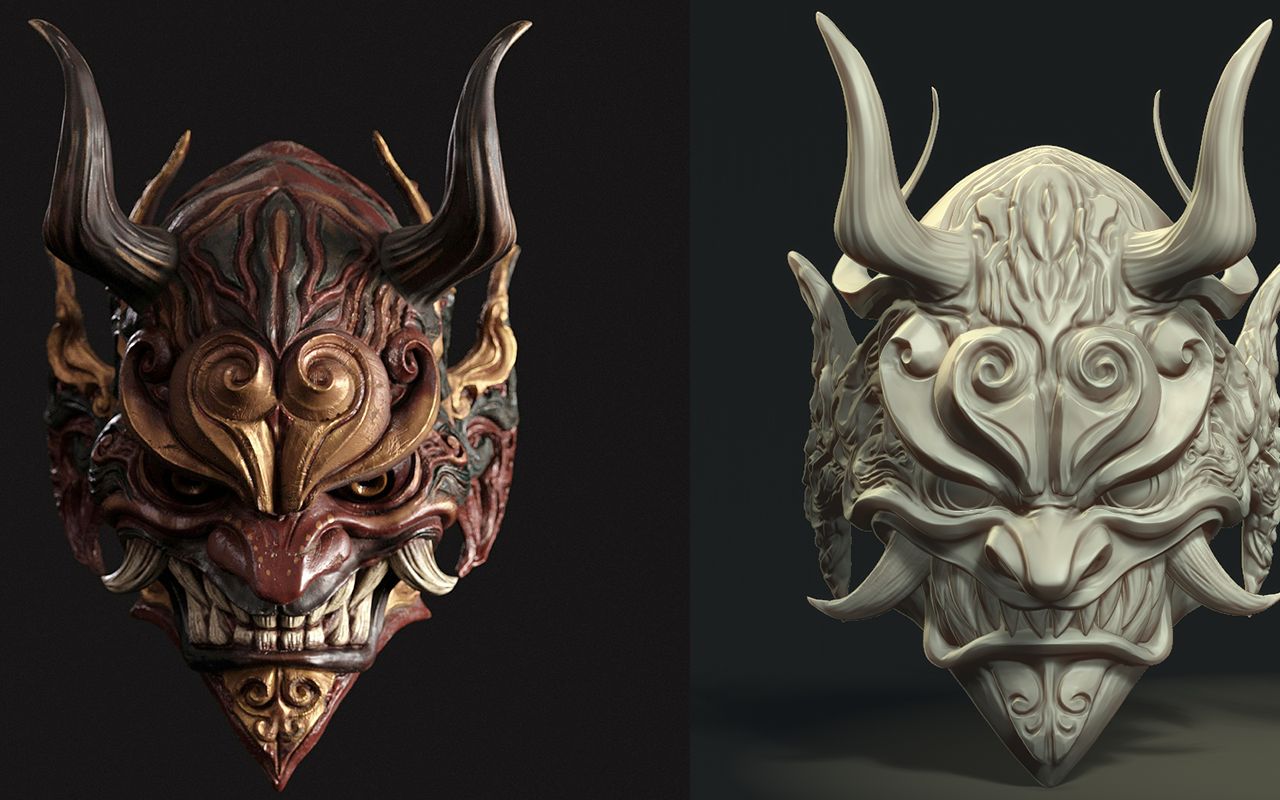 【zbrush建模】圣主鬼影面具,高模细雕。UV拆分,SP材质贴图,渲染全...