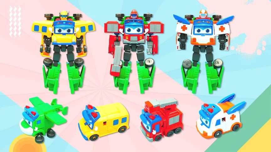 百变校巴二合体玩具:救护车、消防车、校车和飞机合体变形