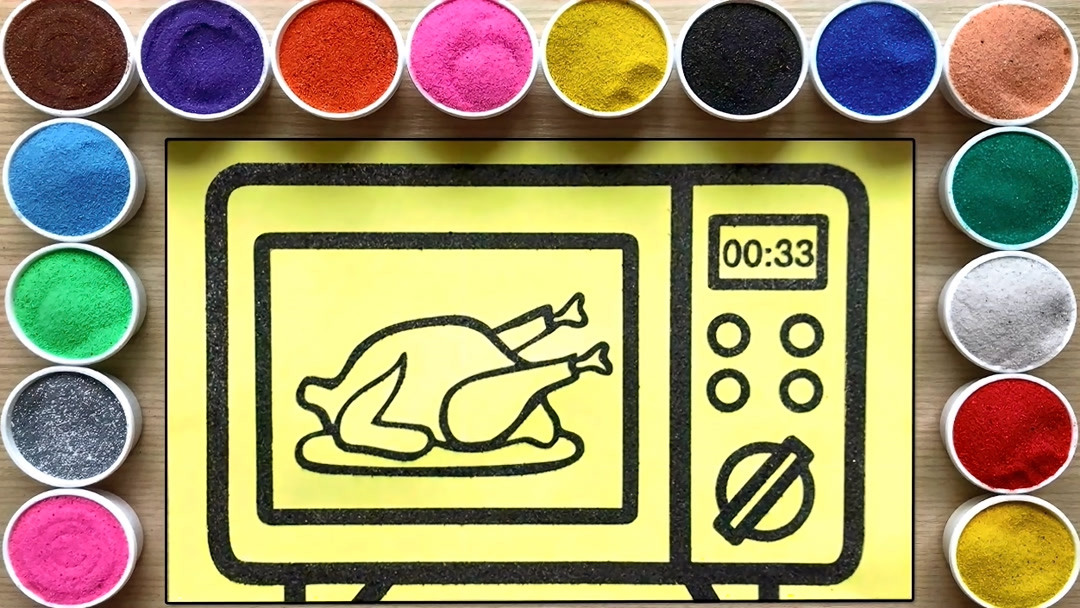 简笔画DIY:用彩色沙彩绘大烤箱,美味的烤鸡就快烤好啦!