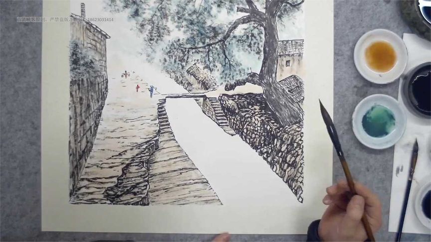 开始学习国画,水面的画法及晕染,积墨法让层次分明!