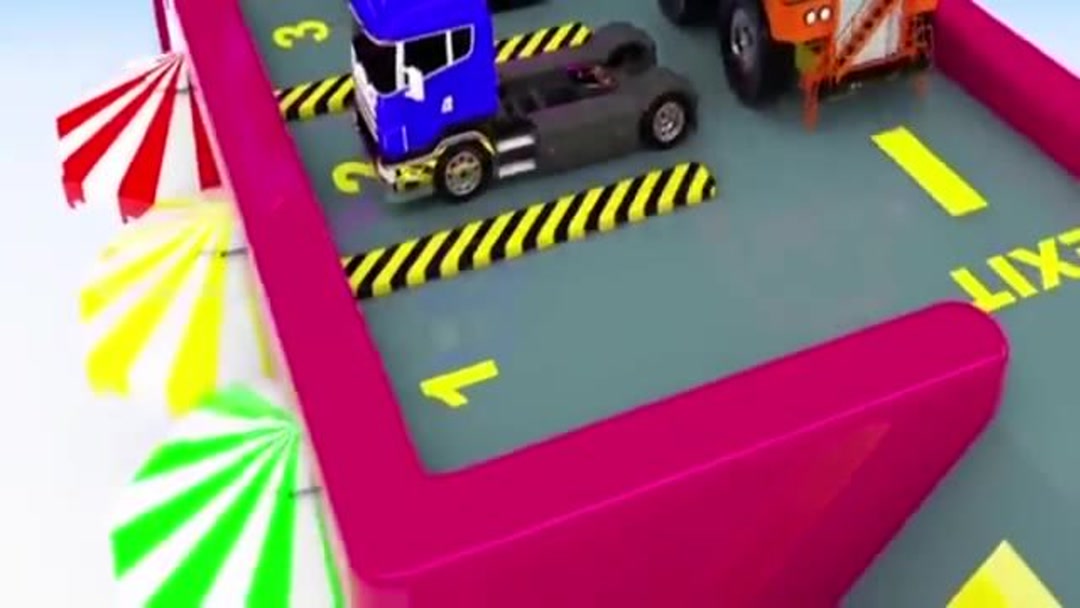 3D动画:蓝色大卡车运送各种型号的小汽车~