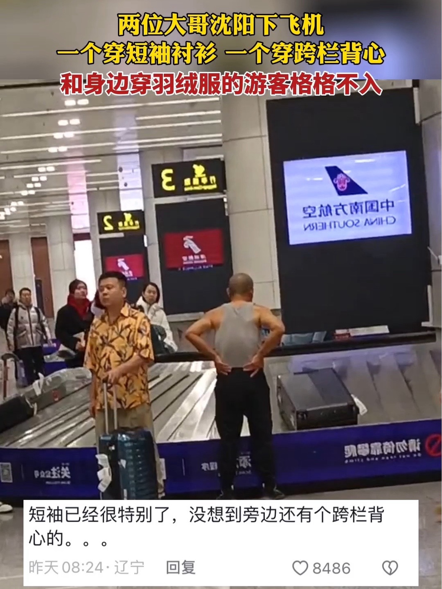 穿着短袖和背心,和穿羽绒服的游客格格不入!