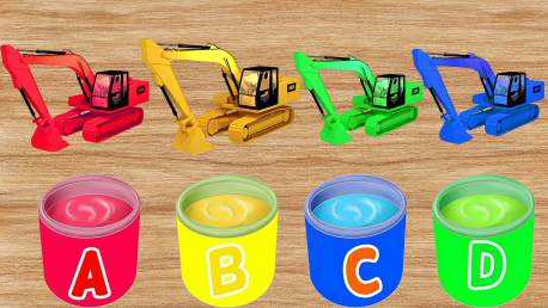字母掉进颜色桶变成工程车挖掘机,教宝宝认识颜色,益智动画游戏