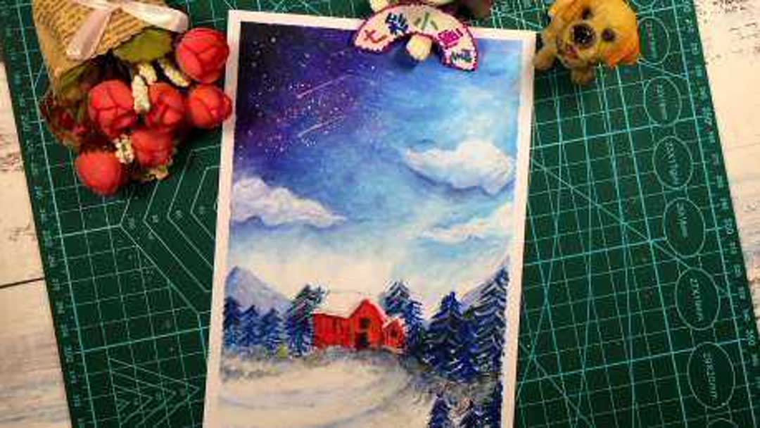 教你用油画棒画出雪山,一看就会