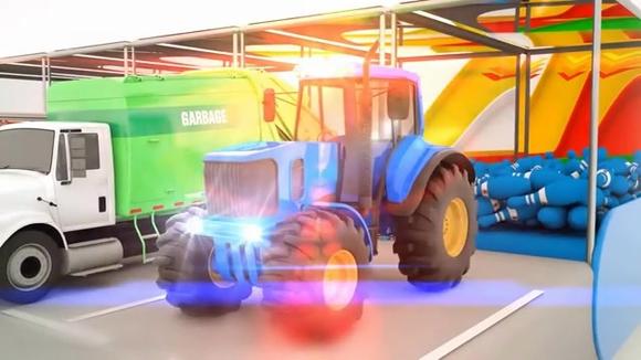 创意早教:卡通汽车玩具通过滑梯撞击球瓶动画学颜色