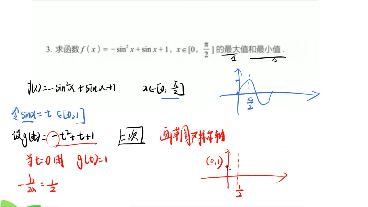 换元法求三角函数最大值:f(x)=-sin²x+sinx+1,求最大值最小值