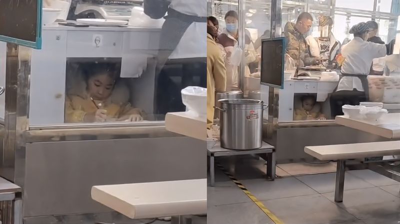 妈妈在工作,小朋友蹲窗口下写作业,同学:上面是生活下面是未来