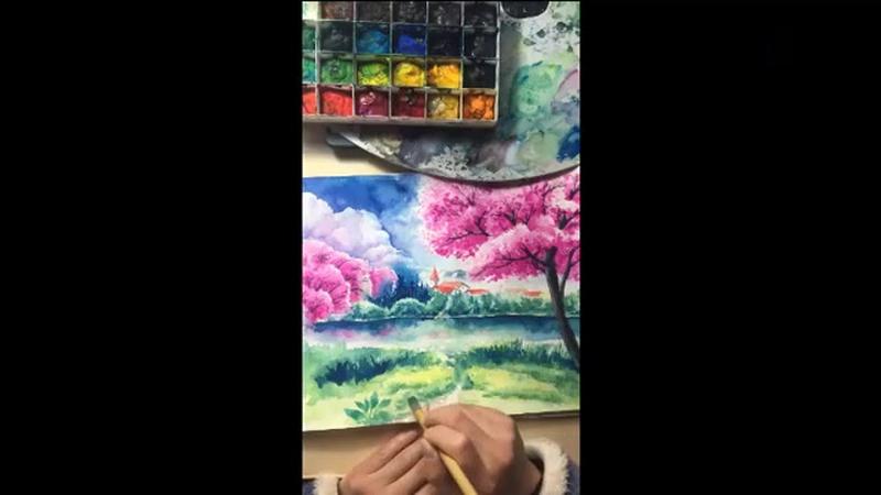 樱花树水粉画法