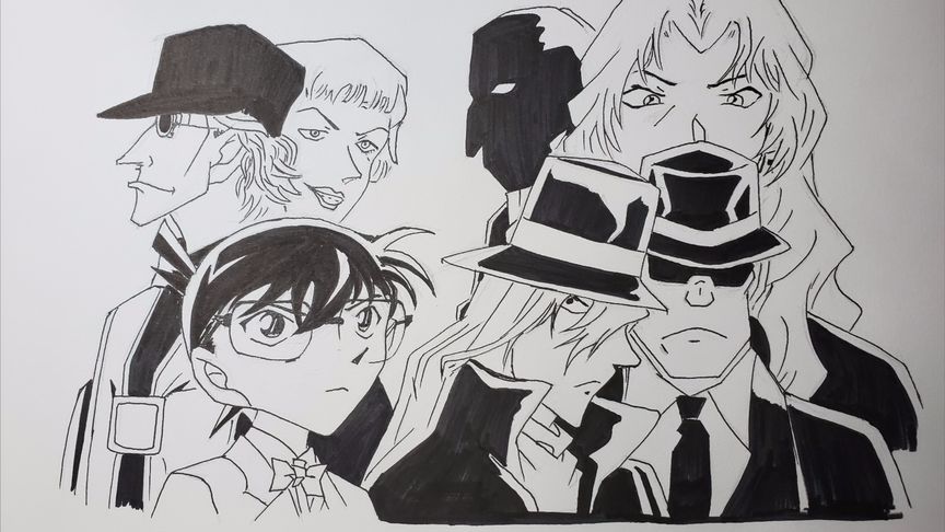 名侦探柯南:手绘柯南和组织大佬上色部分,哈哈哈,虽然只是黑白
