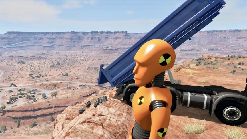 搞笑玩法,假人把货车里的石块从悬崖倒下去阻止汽车,车祸模拟器