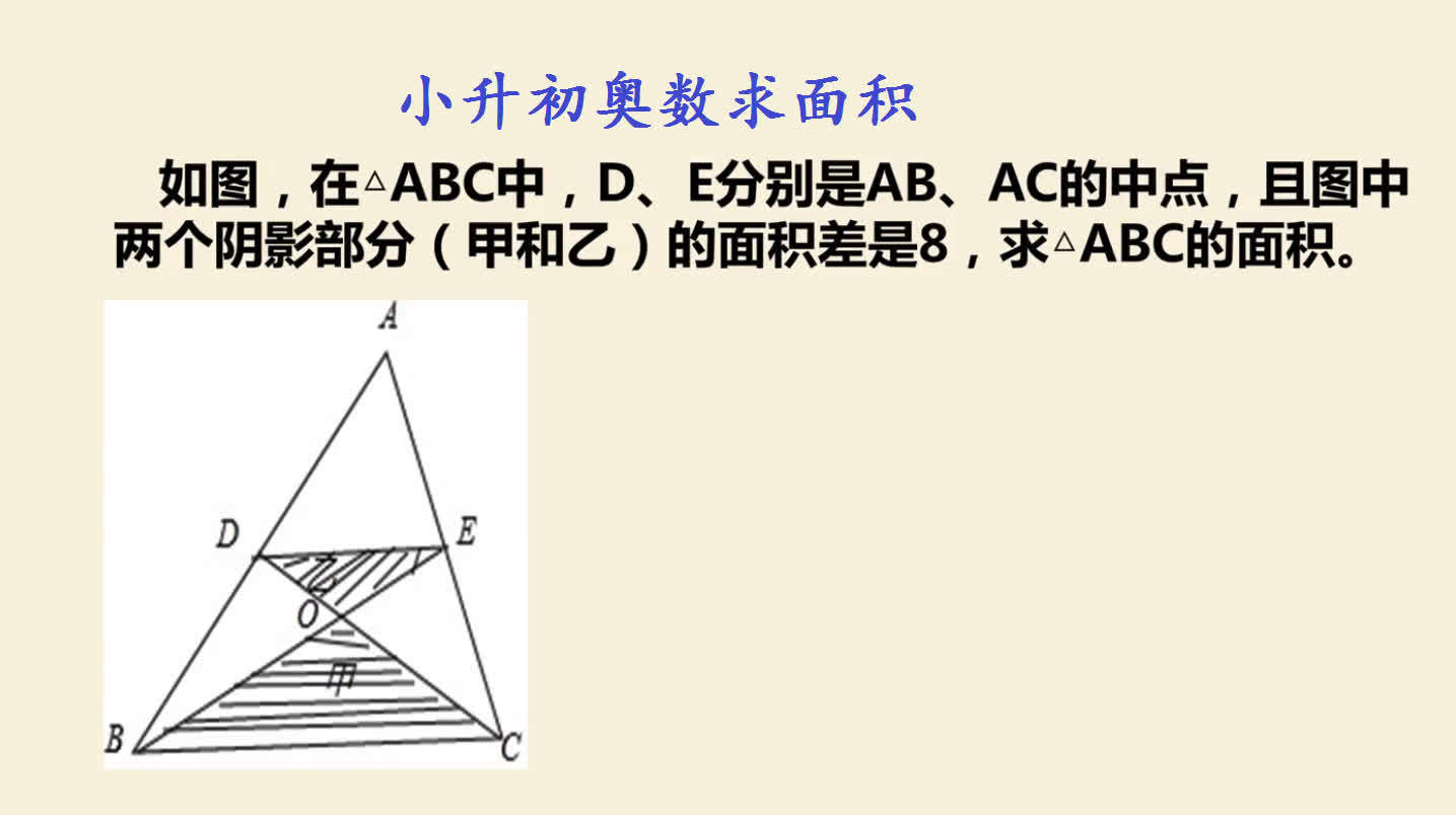 小升初奥数辅导,阴影部分面积差为8,求三角形的面积