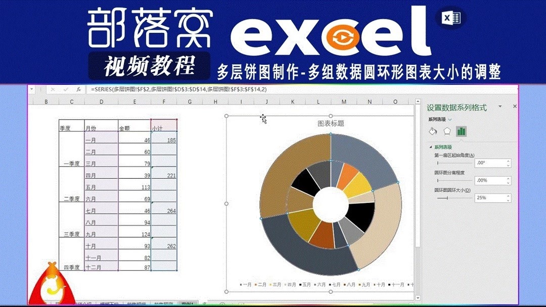 excel多层饼图制作视频:多组数据圆环形图表大小的调整