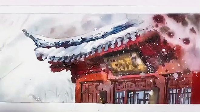 绘画:古风水彩画,这是萧瑟的落雪山庄吗?