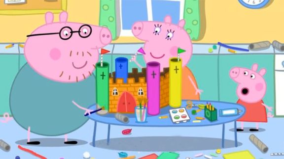 小猪佩奇指挥爸爸妈妈做手工城堡,趣味卡通儿童简笔画