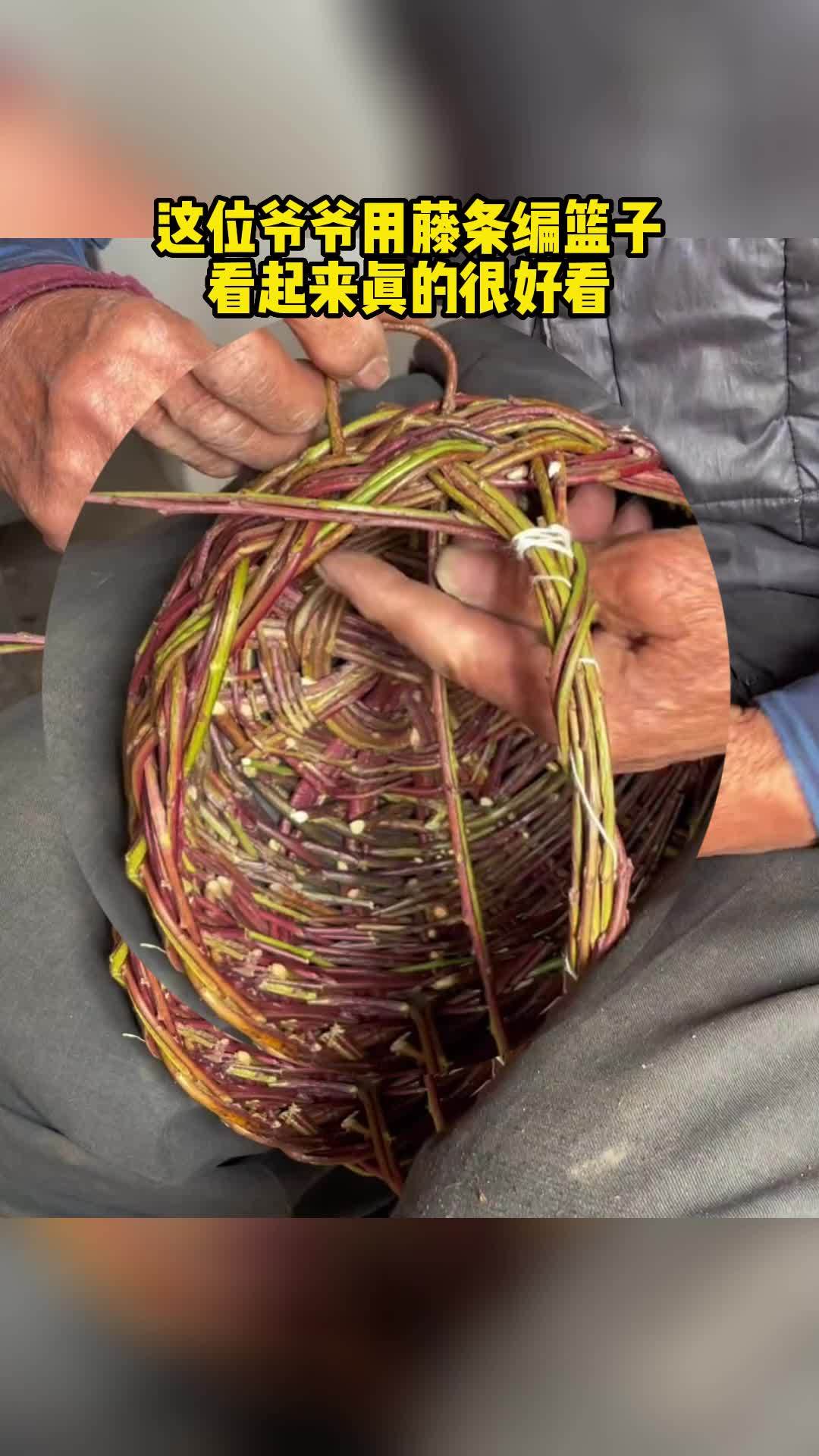 这位爷爷用藤条编篮子看起来真的很好看