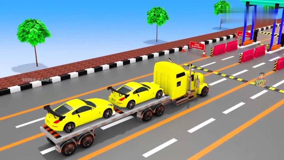 大卡车运送彩色的小汽车过高速安检,儿童英语动画片