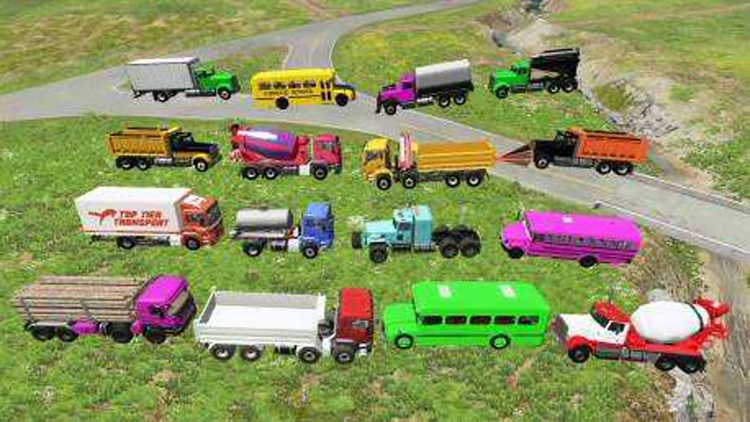 五彩大巴车,搅拌车,校车和货车组团开足马力相撞,车祸模拟器